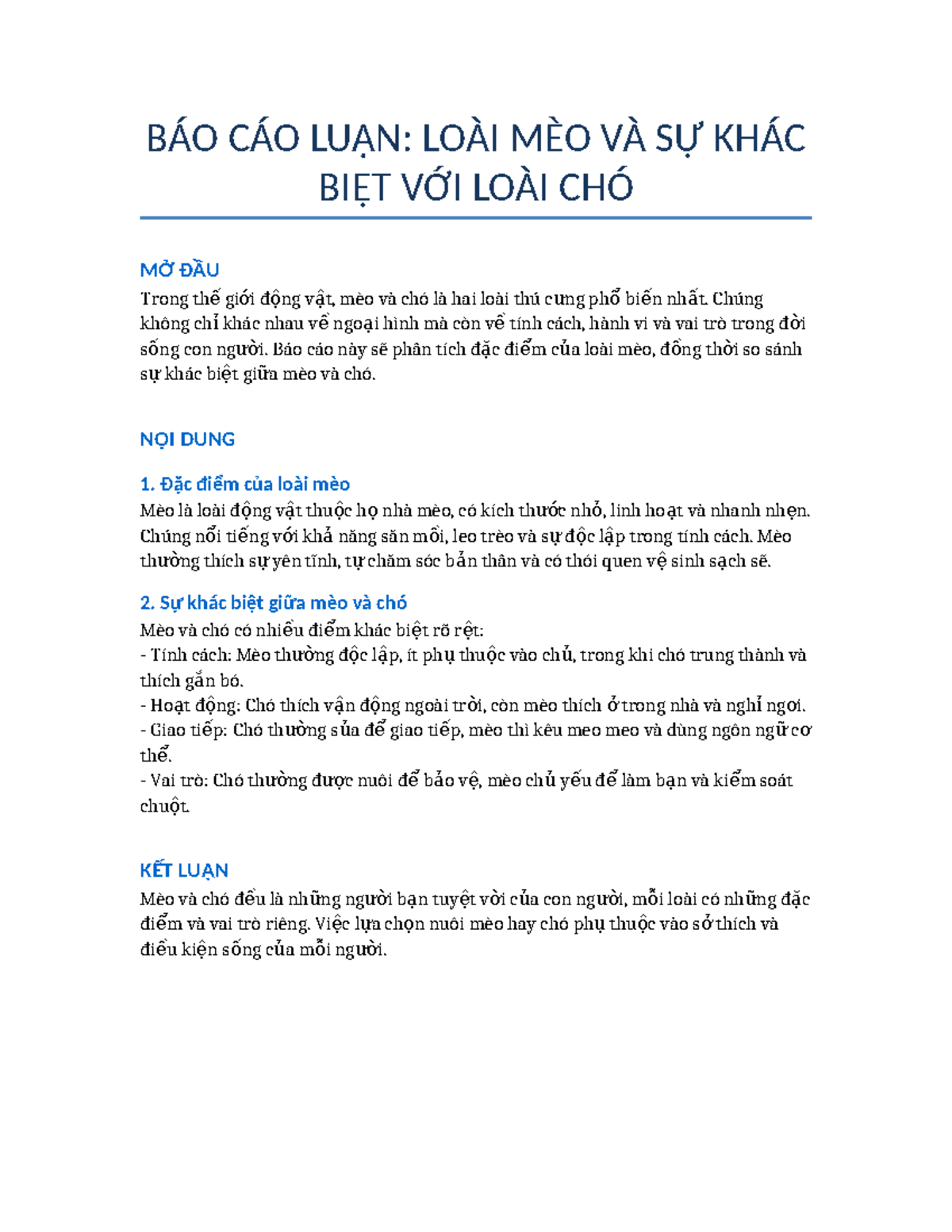 BÁO CÁO LUẬN: SO SÁNH LOÀI MÈO VÀ LOÀI CHÓ - Studocu