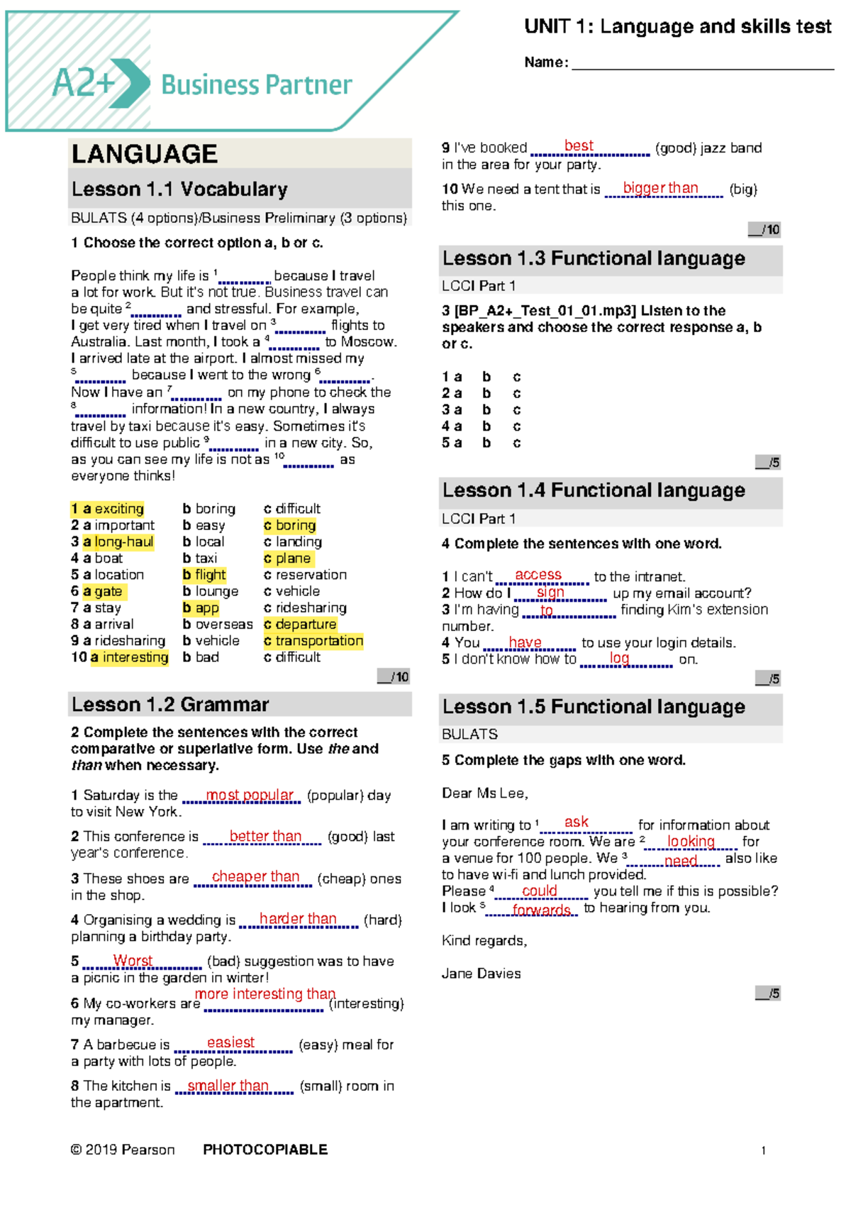 BP A2+ Unit 1 Language & Skills Test - bt TATQ3 - Studocu