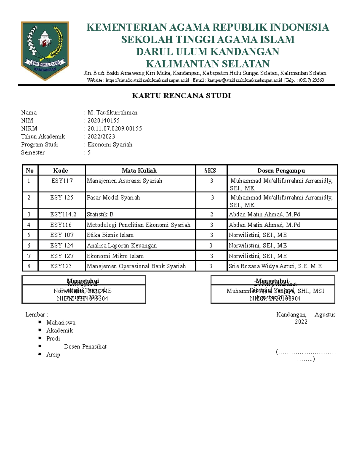 KRS 5 - Rencana Studi M. Taufikurrahman - Ekonomi Syariah - Studocu