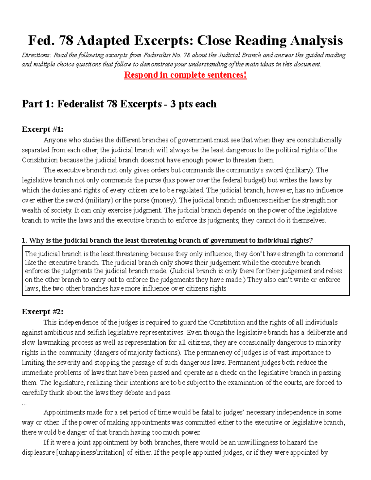 Federalists 78 Analysis - Fed. 78 Adapted Excerpts: Close Reading ...