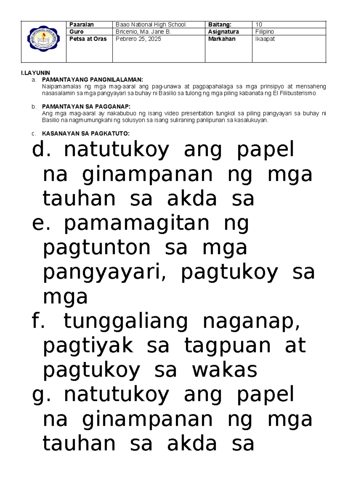 Filipino 10 - Detailed Lesson Plan on El Filibusterismo (Feb 25, 2025 ...