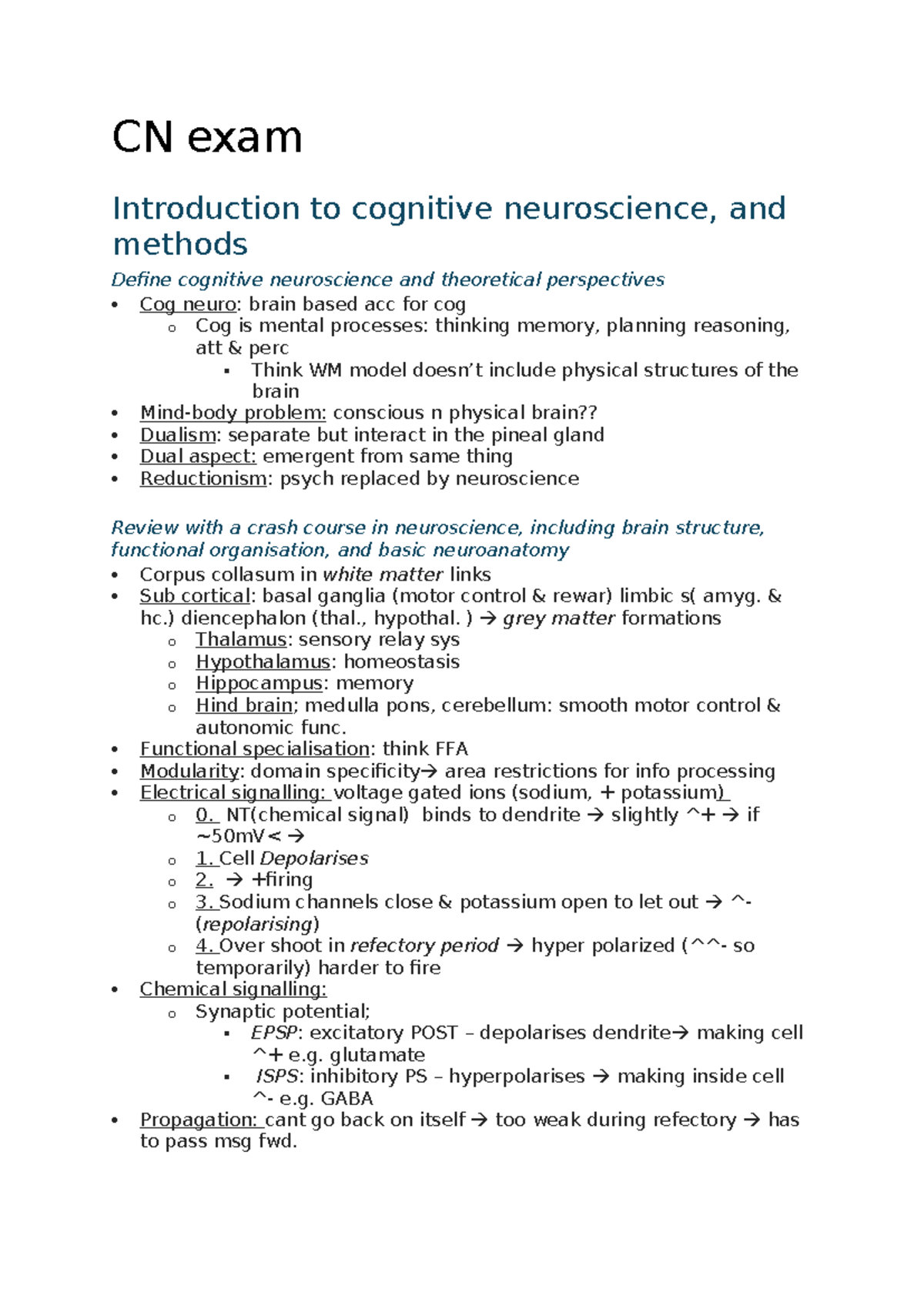 CN Exam Brain Dump: Introduction to Cognitive Neuroscience Concepts ...