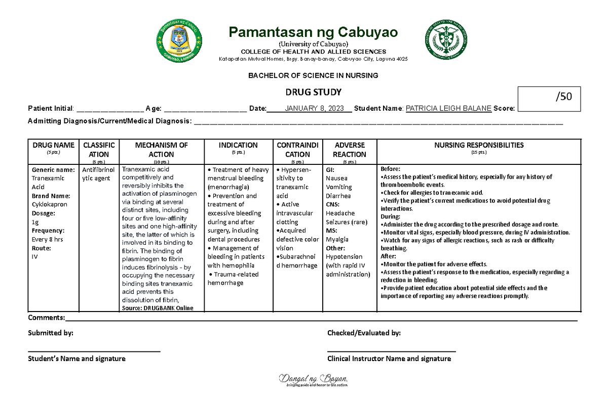 DRUG Study on Tranexamic Acid: Nursing Insights and Responsibilities ...