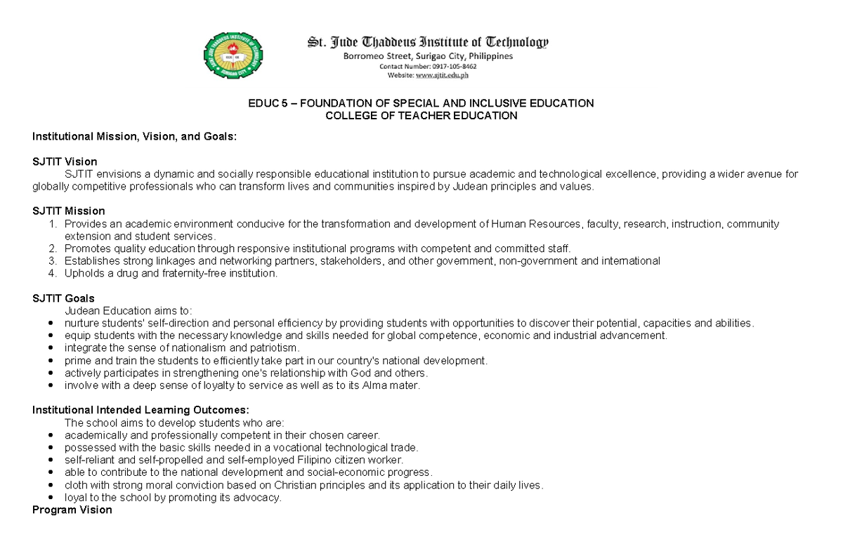 EDUC 5 - Syllabus for Foundation of Special and Inclusive Education ...
