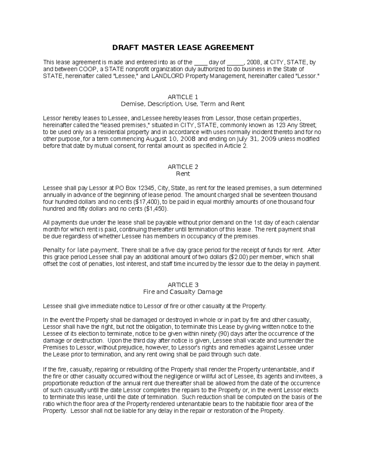 Sample Master lease - agrrement draft - DRAFT MASTER LEASE AGREEMENT ...