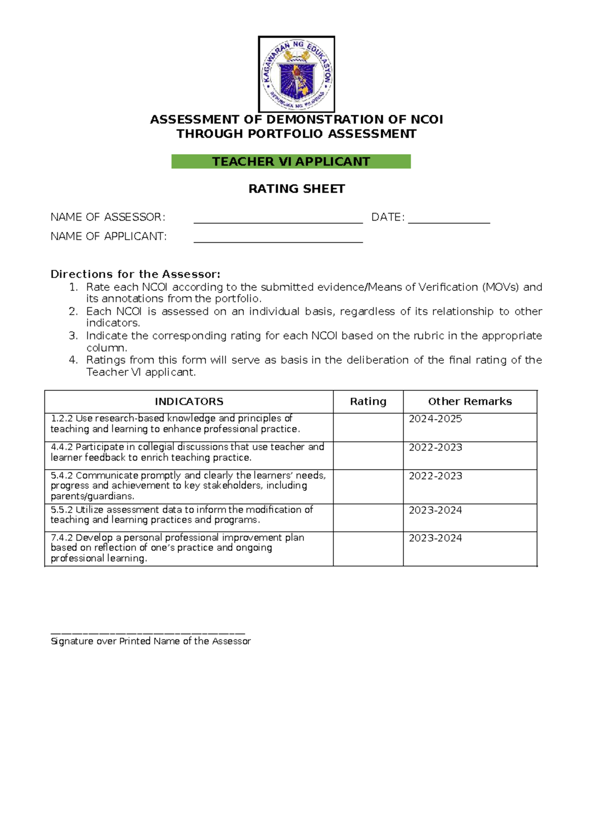 NCOI Rating Sheet for Teacher VI Applicant Assessment - Studocu