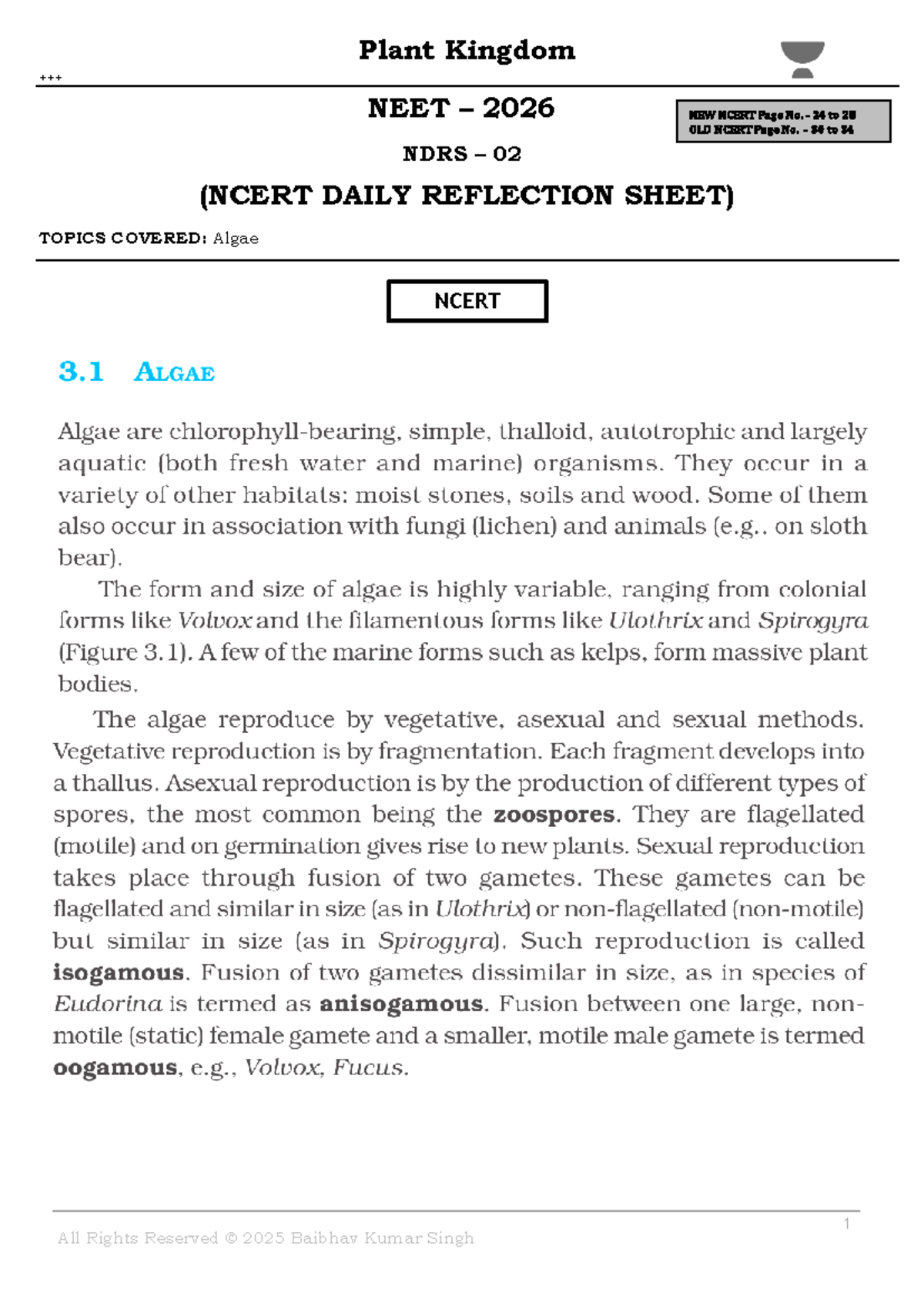NDRS 02 Plant Kingdom NEET 2026 - Algae Study Guide - Studocu