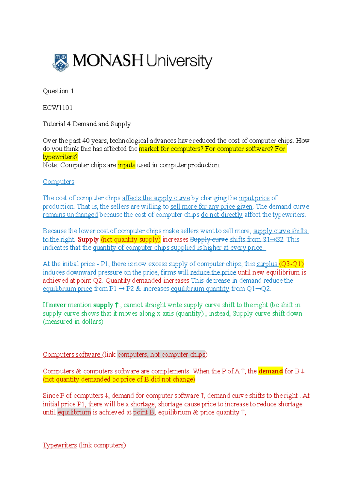 Demand & Supply Analysis: ECW1101 Tutorial 4 Insights - Studocu