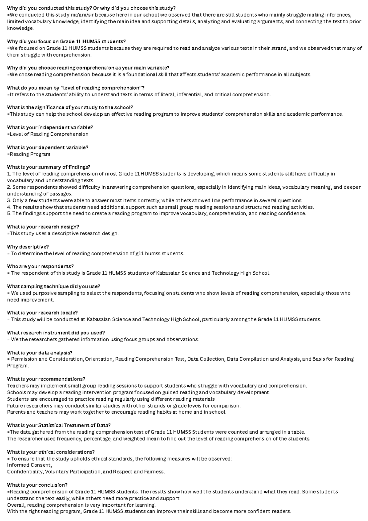 Grade 11 HUMSS Reading Comprehension Study: Findings & Recommendations ...
