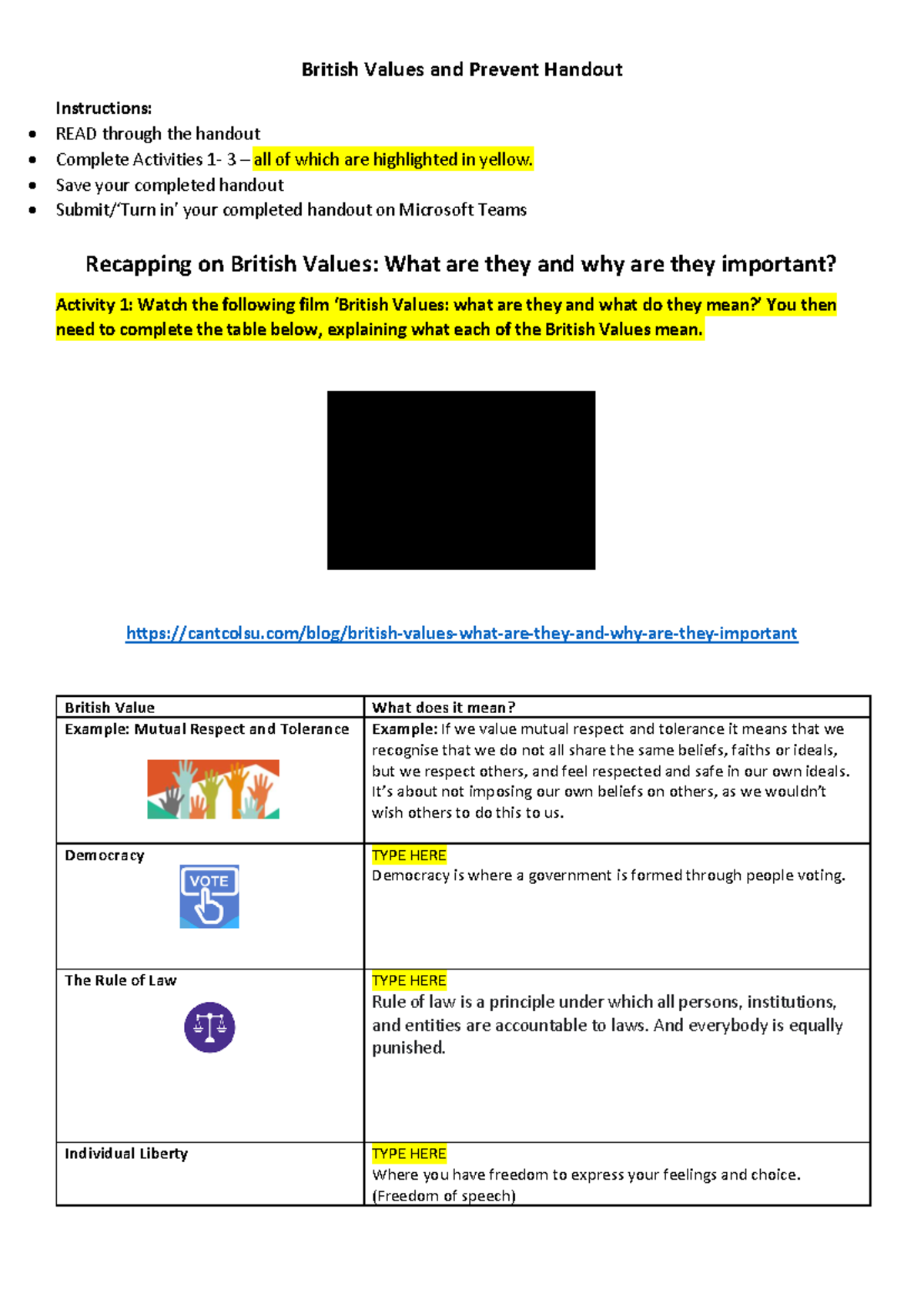 British Values and Prevent Handout - British Values and Prevent Handout ...