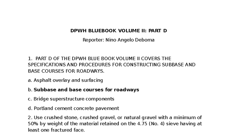 DPWH Bluebook Volume II: Part D Specifications for Roadway Construction ...