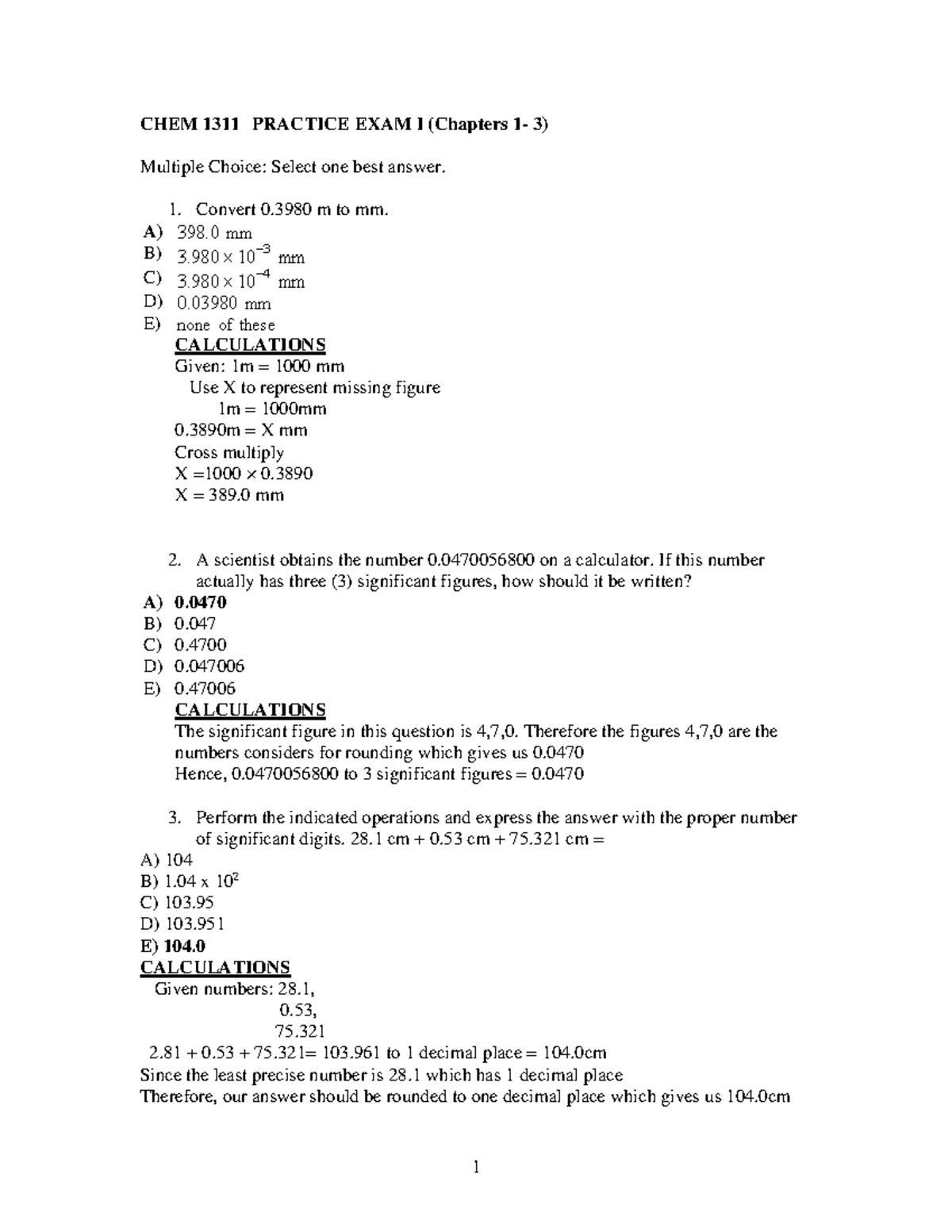 CHEM 1311 PRACTICE EXAM I (Chapters 3) Answer Key and Solutions - Studocu