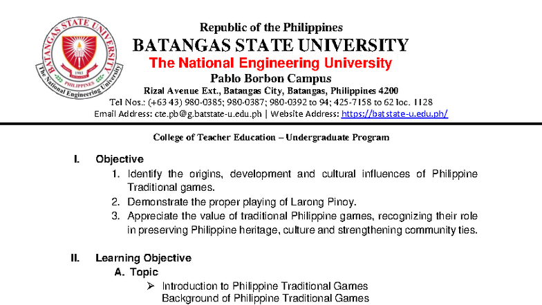 Lesson Plan: Exploring Philippine Traditional Games (CTE 101) - Studocu