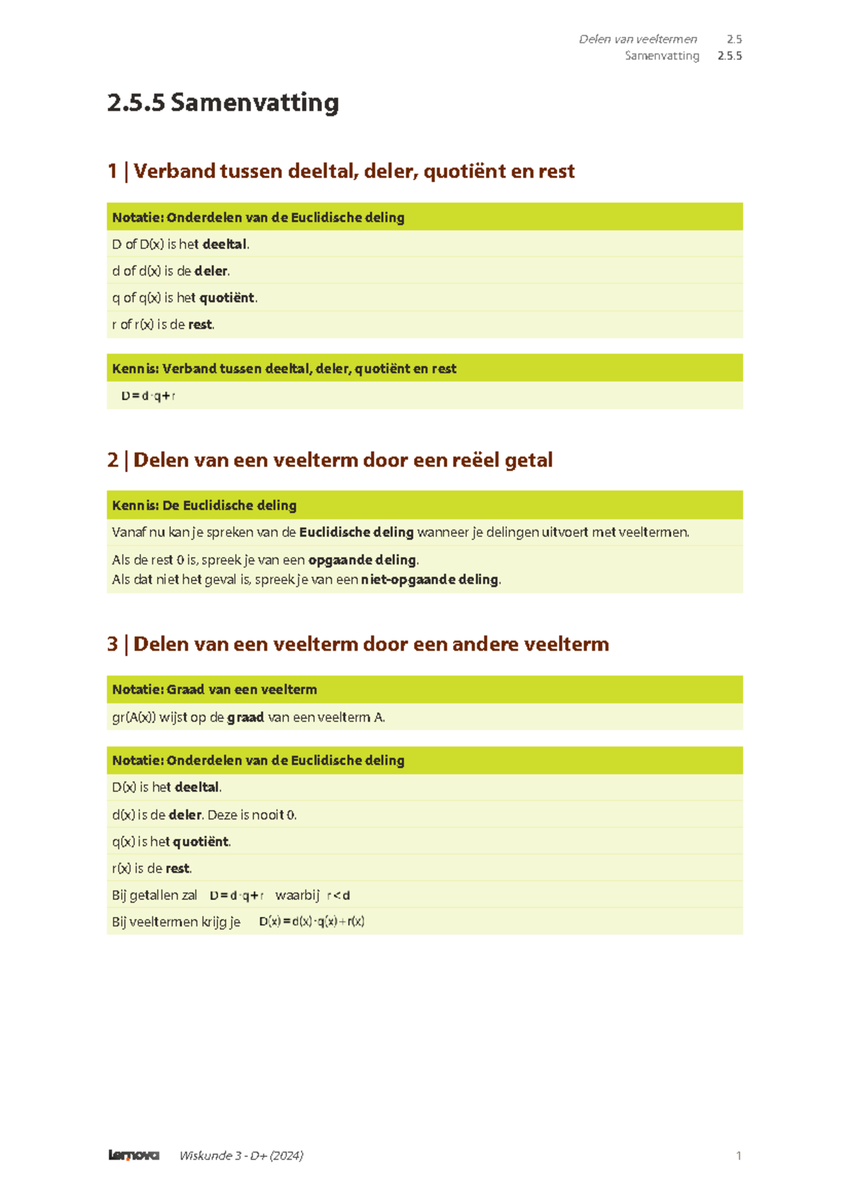 Wiskunde 3 (2024) Samenvatting: Delen van Veeltermen en Euclidische ...