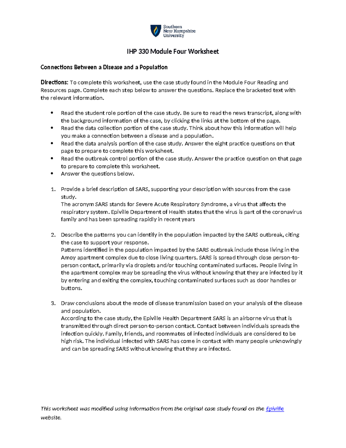 IHP 330 Module Four Worksheet: Disease-Population Connections Analysis ...