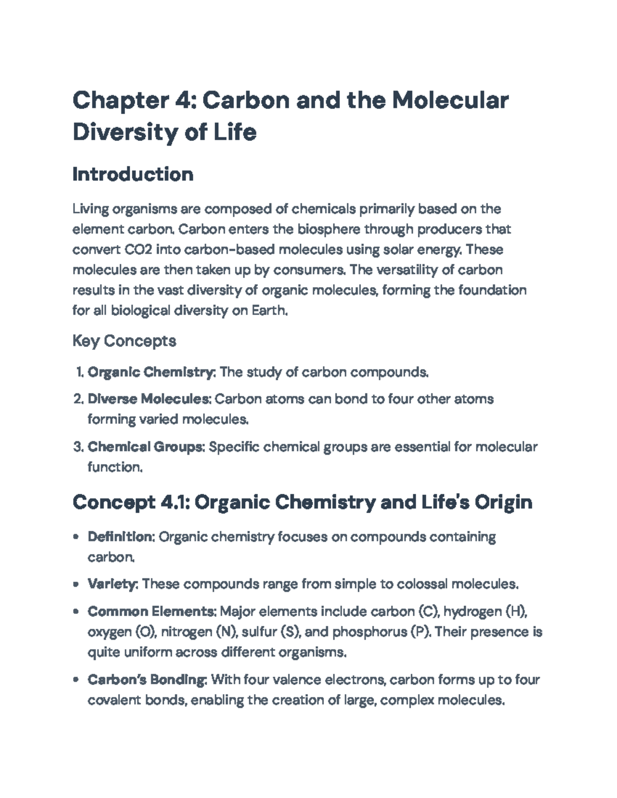 Chapter 4: Carbon's Role in Molecular Diversity of Life (Biology 101 ...