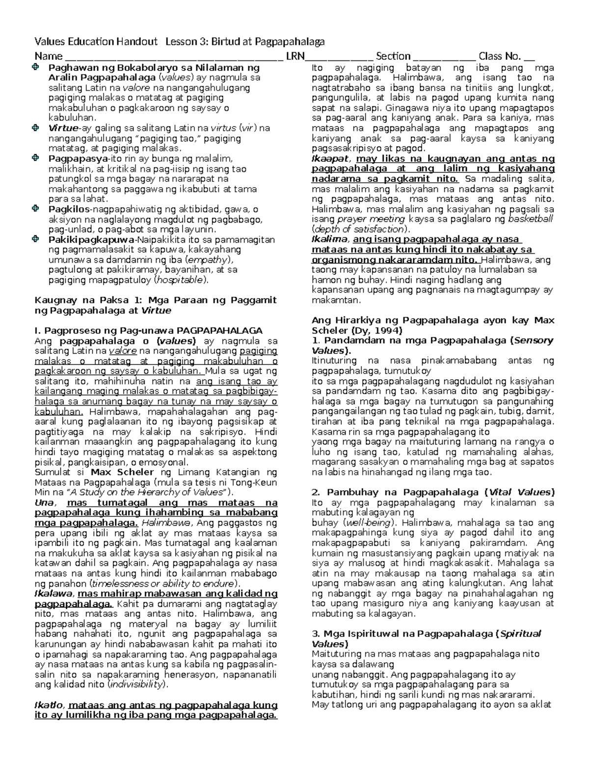Lesson 3 Birtud at Pagpapahalaga - Name ...