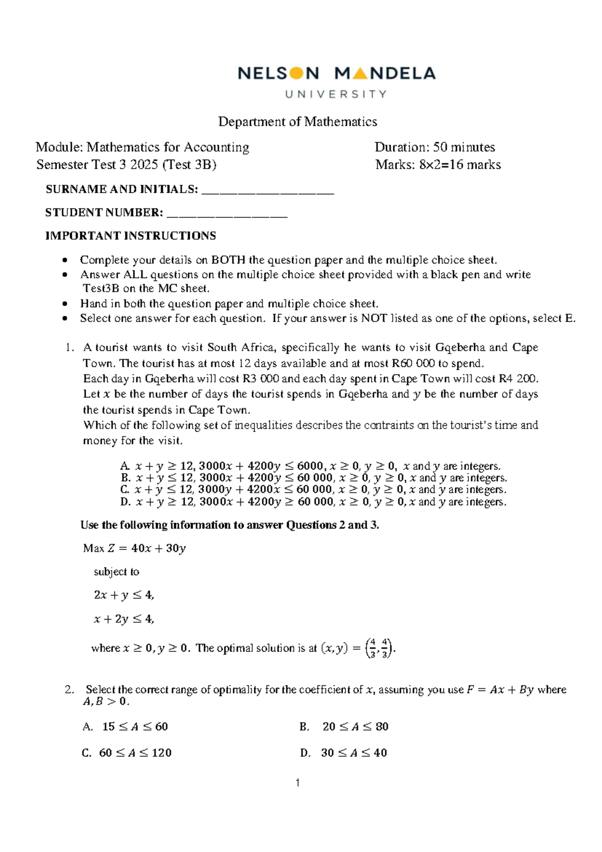 Mathematics for Accounting MACV 101 Test 3B Past Paper 2025 - Studocu