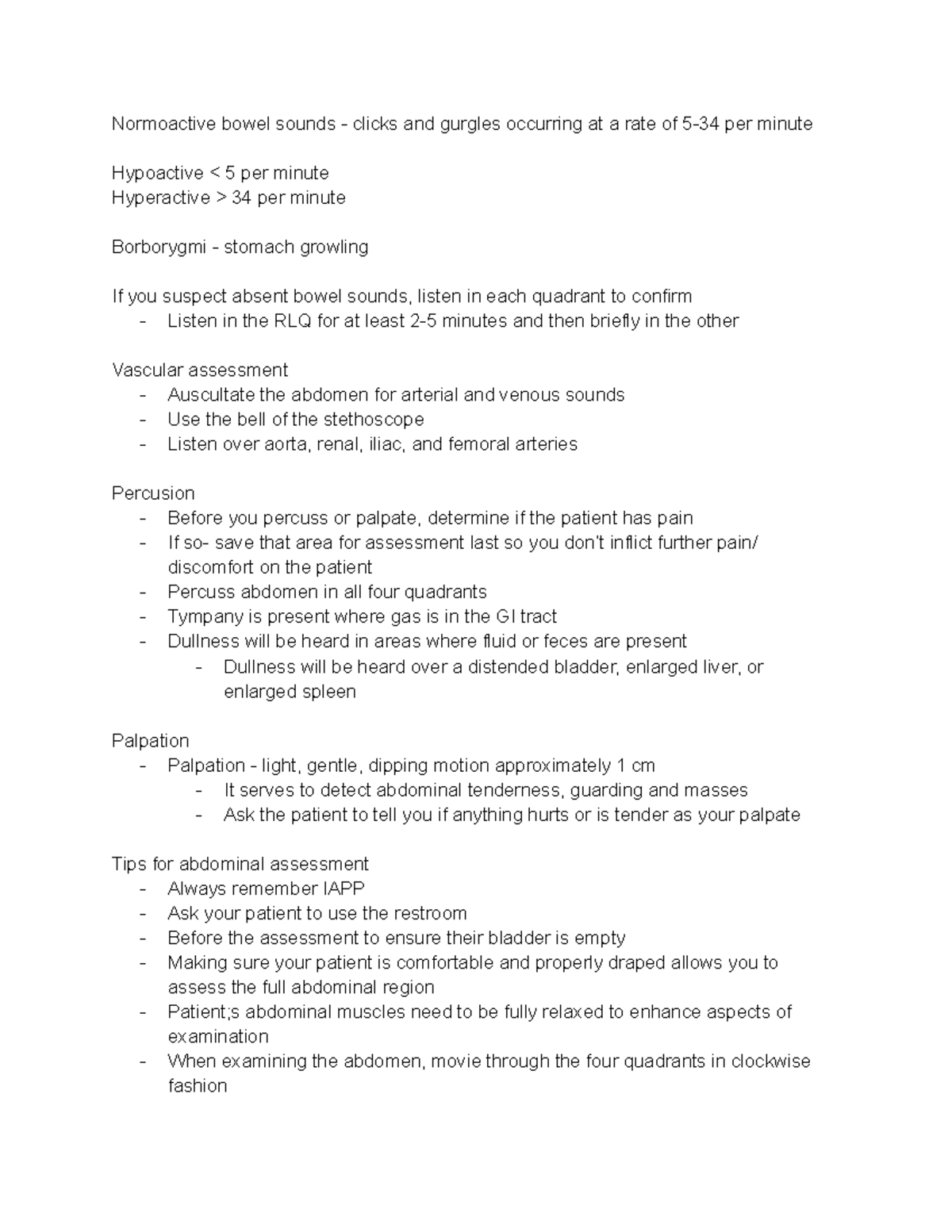 Health assesment GI notes -2 - Normoactive bowel sounds - clicks and ...