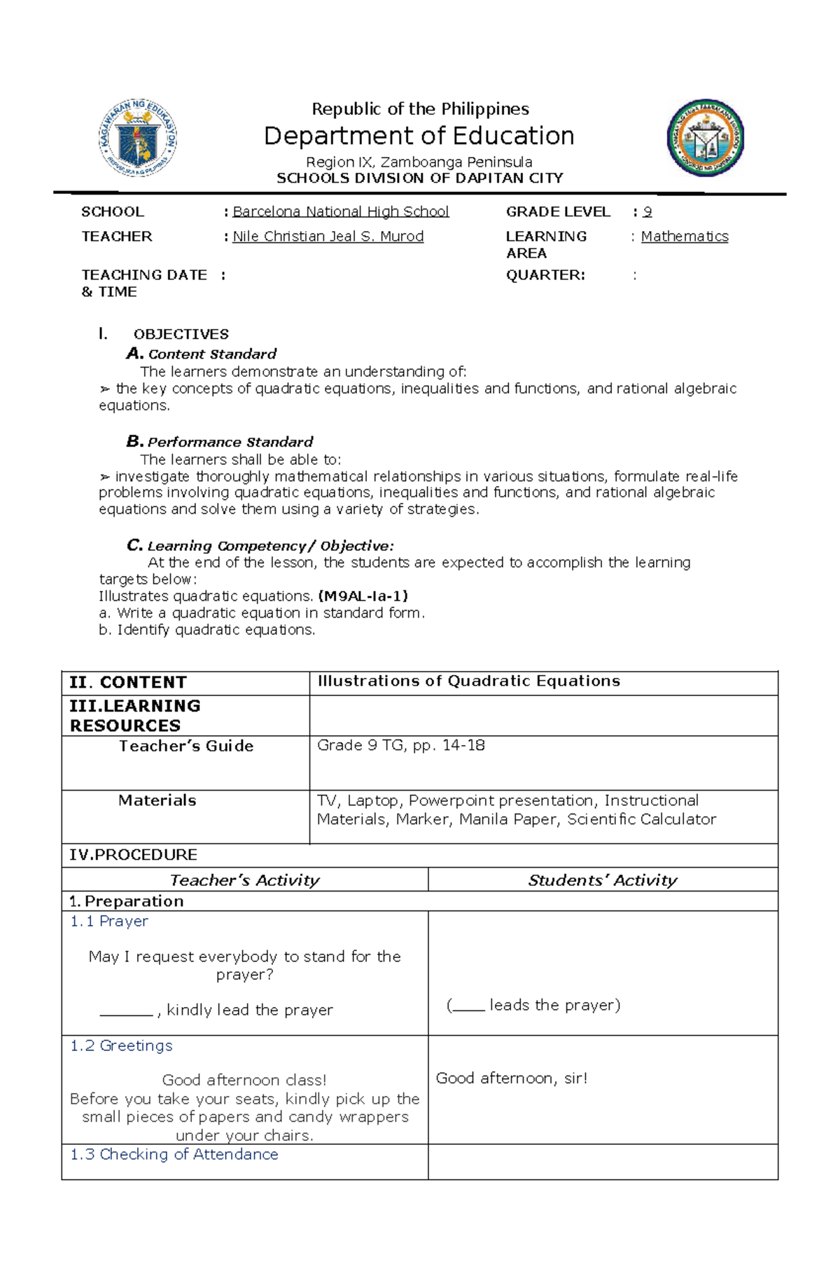 Mathematics Lesson Plan for Grade 9: Quadratic Equations (MATH 9) - Studocu