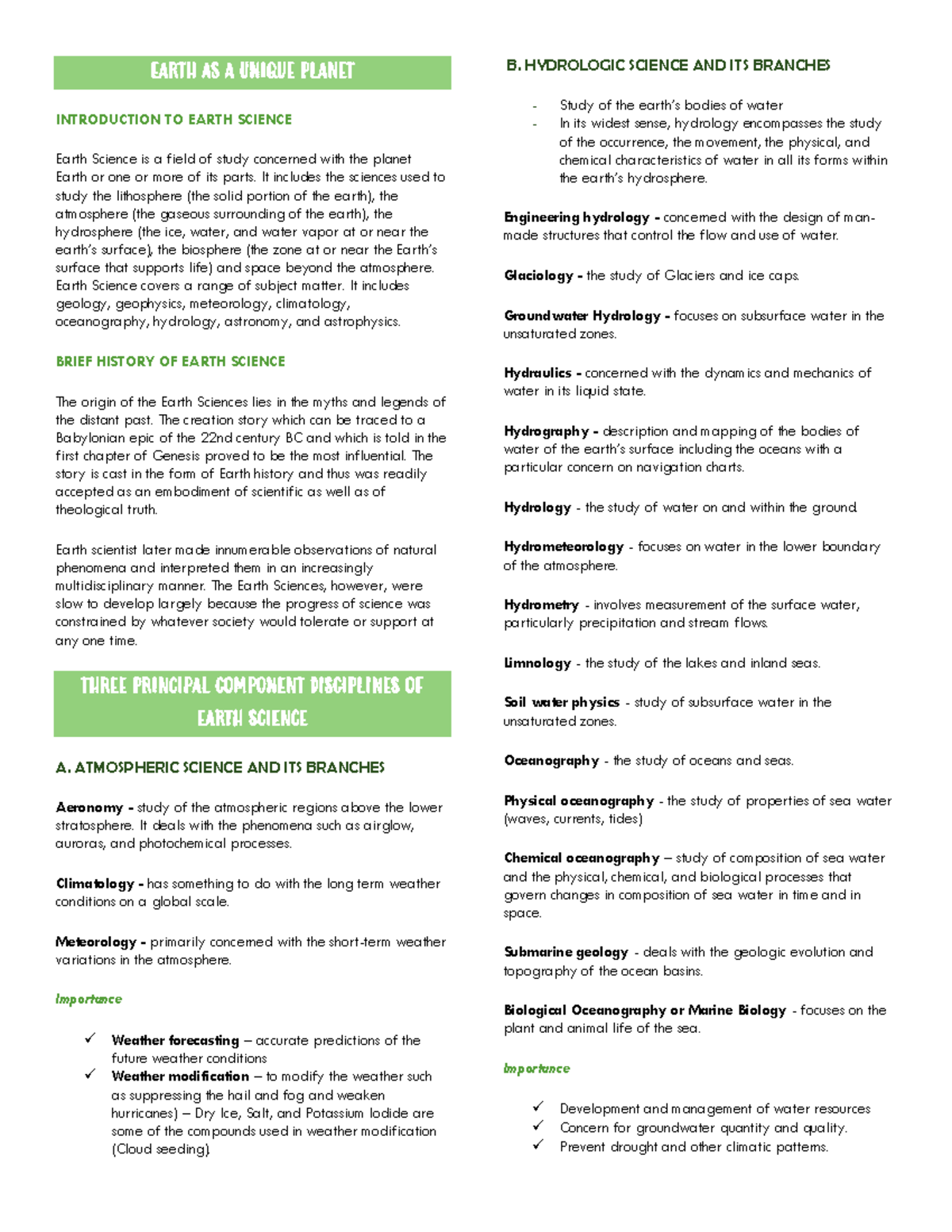 Earth Science 1st Semester Handout - EARTH AS A UNIQUE PLANET ...