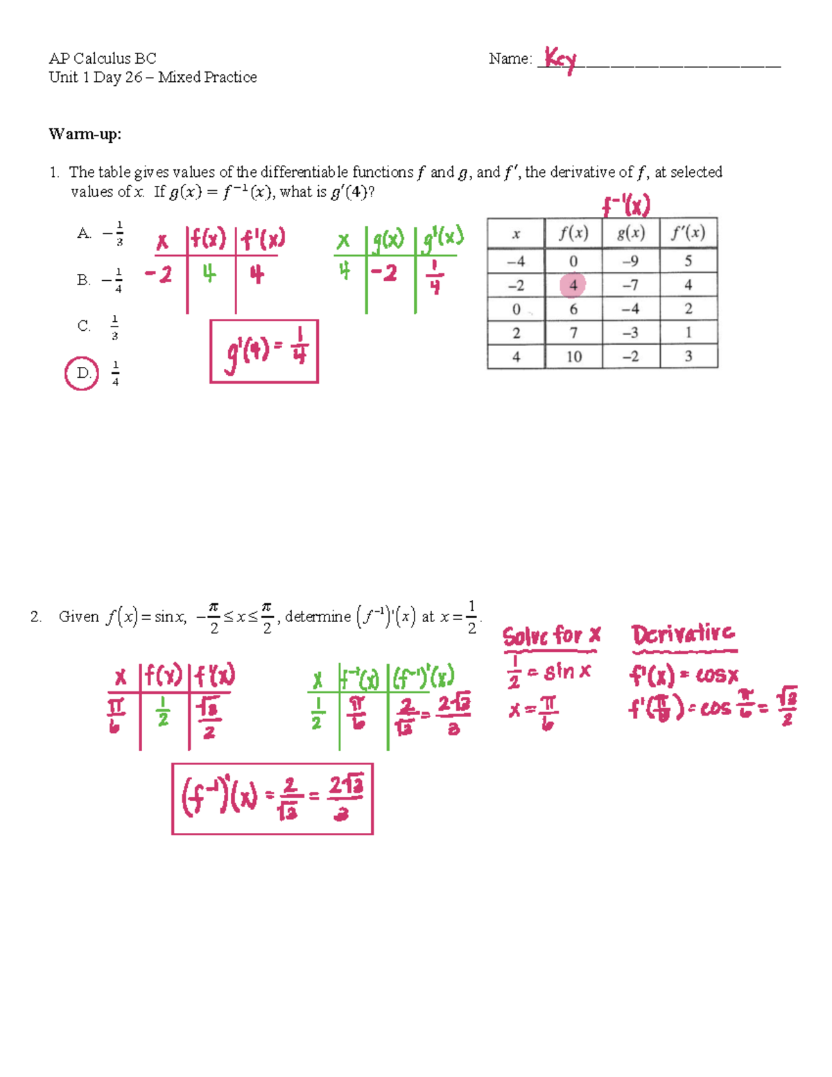 AP Calculus BC Unit 1 Day 26: Mixed Practice Exercises Key - Studocu