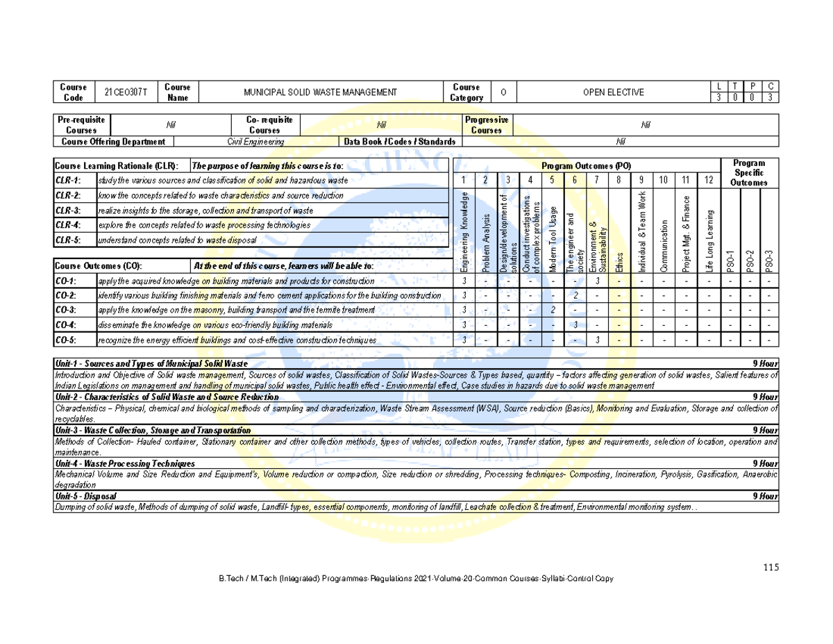 Syllabus for CEO307T: Municipal Solid Waste Management Course - Studocu