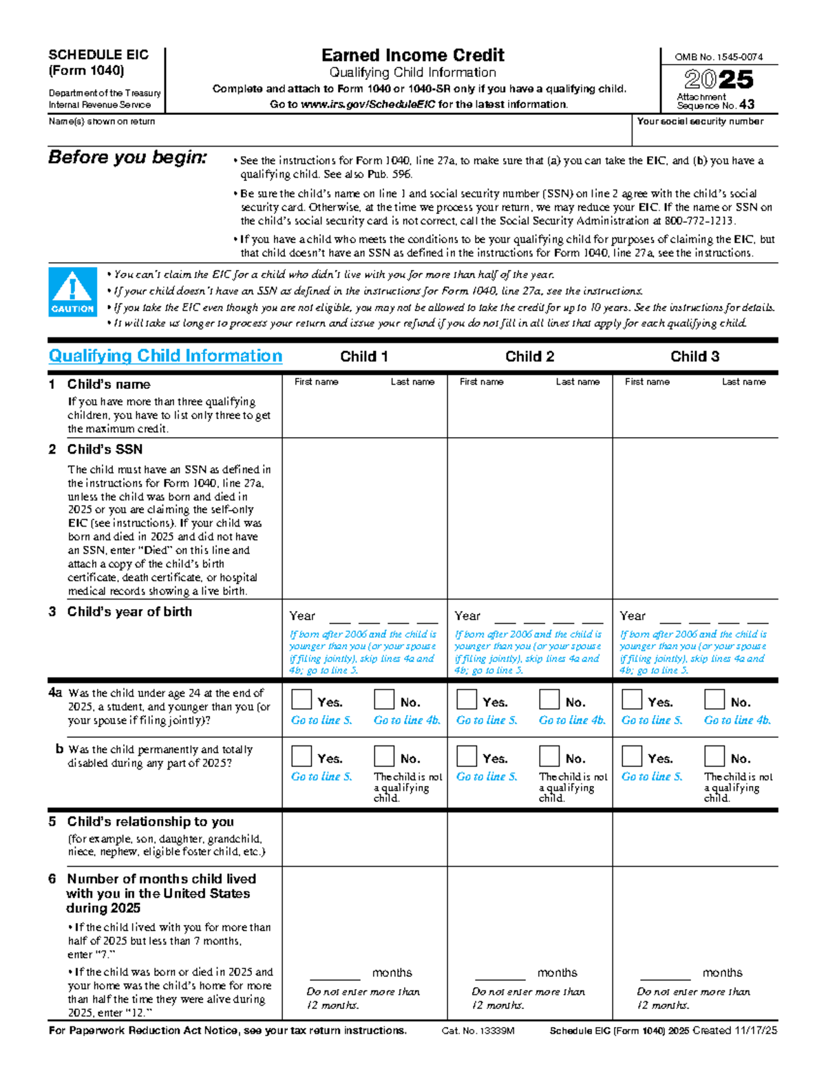 Schedule EIC (Form 1040) 2025 - Earned Income Credit - Studocu