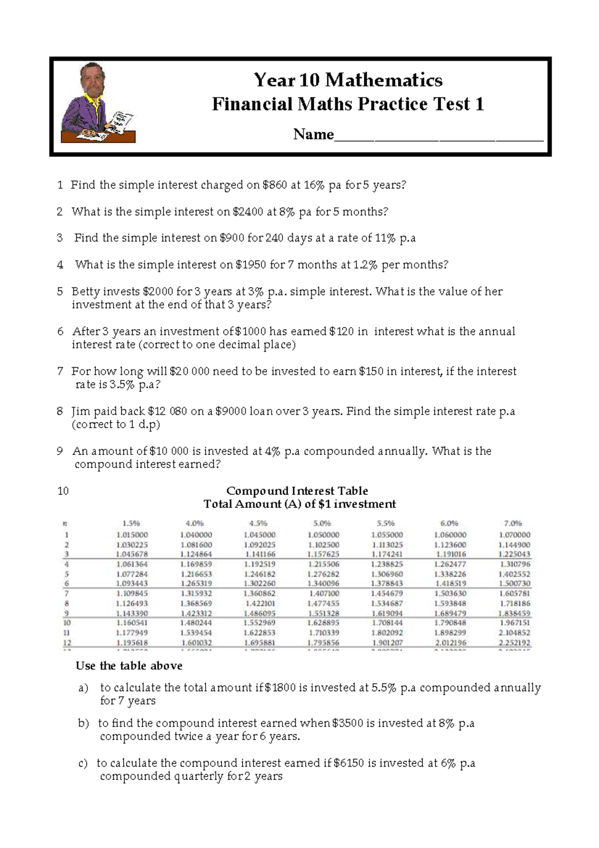 Year 10 Mathematics Financial Maths Practice Test 1: Interest ...