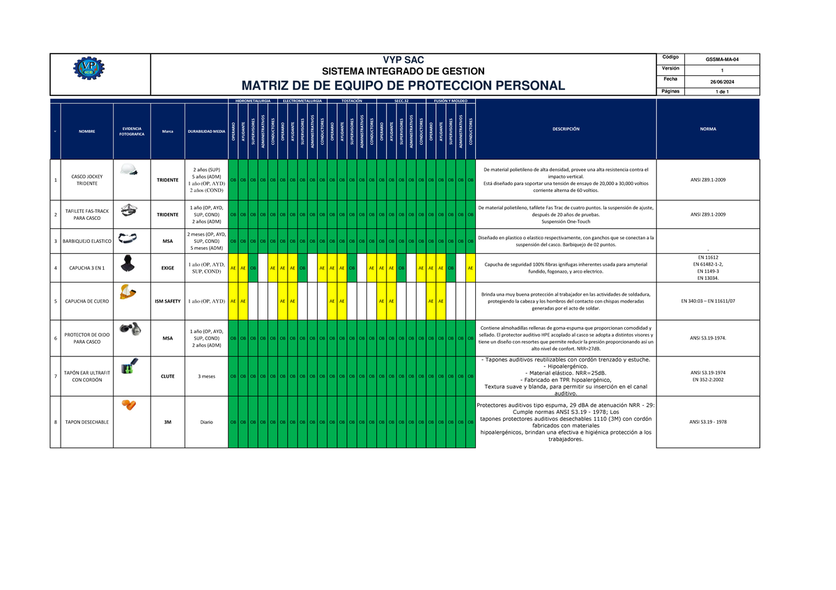 Matriz de EPPs VYP SAC - Sistema de Gestión Final - Studocu