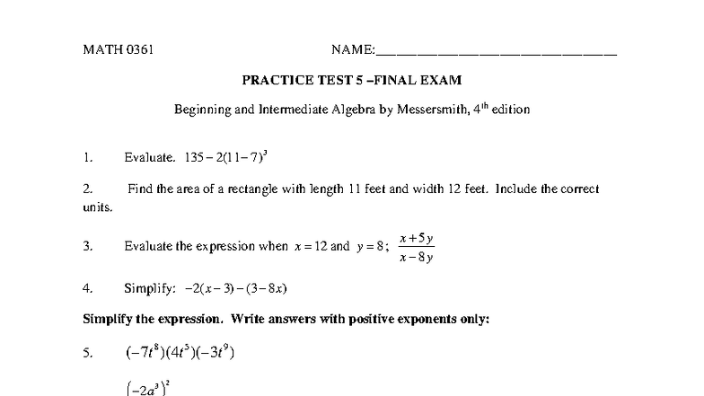 MATH0361 Final Exam Practice Test #5 - Algebra Concepts and Solutions ...
