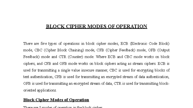 Block Cipher Modes of Operation: ECB, CBC, CFB, OFB, CTR - Studocu