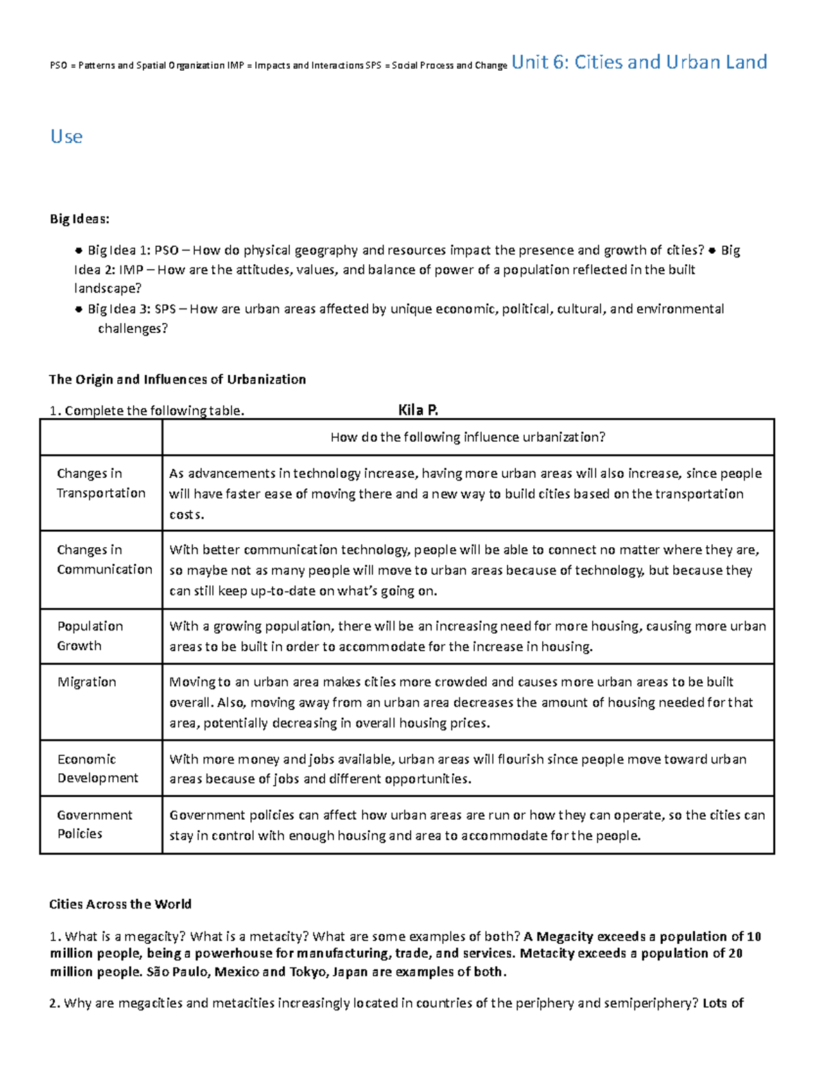 Unit 6 Study Intro - Urbanization concepts, need to know for test - PSO ...