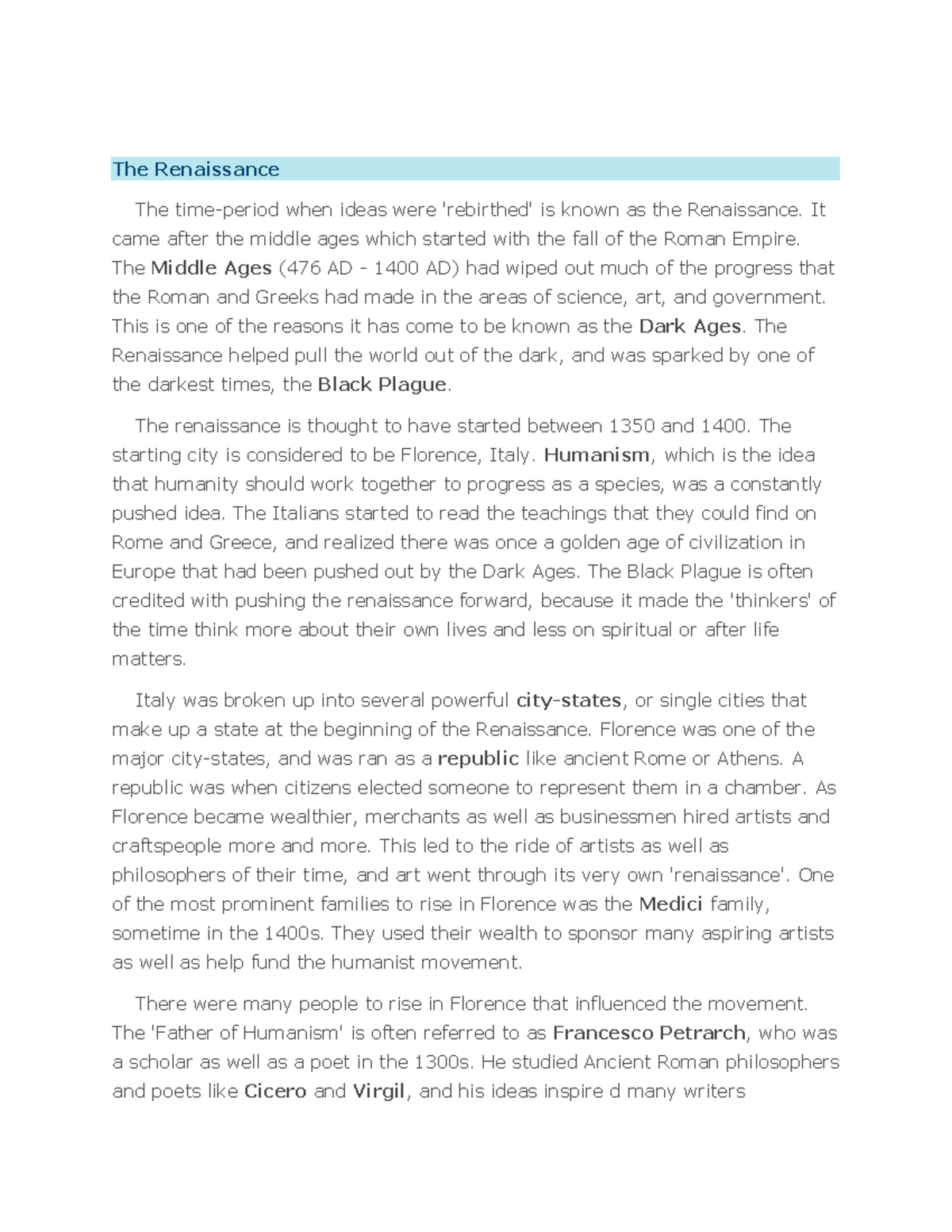 Renaissance Comprehension Reading Worksheet (HIST 101) - Studocu