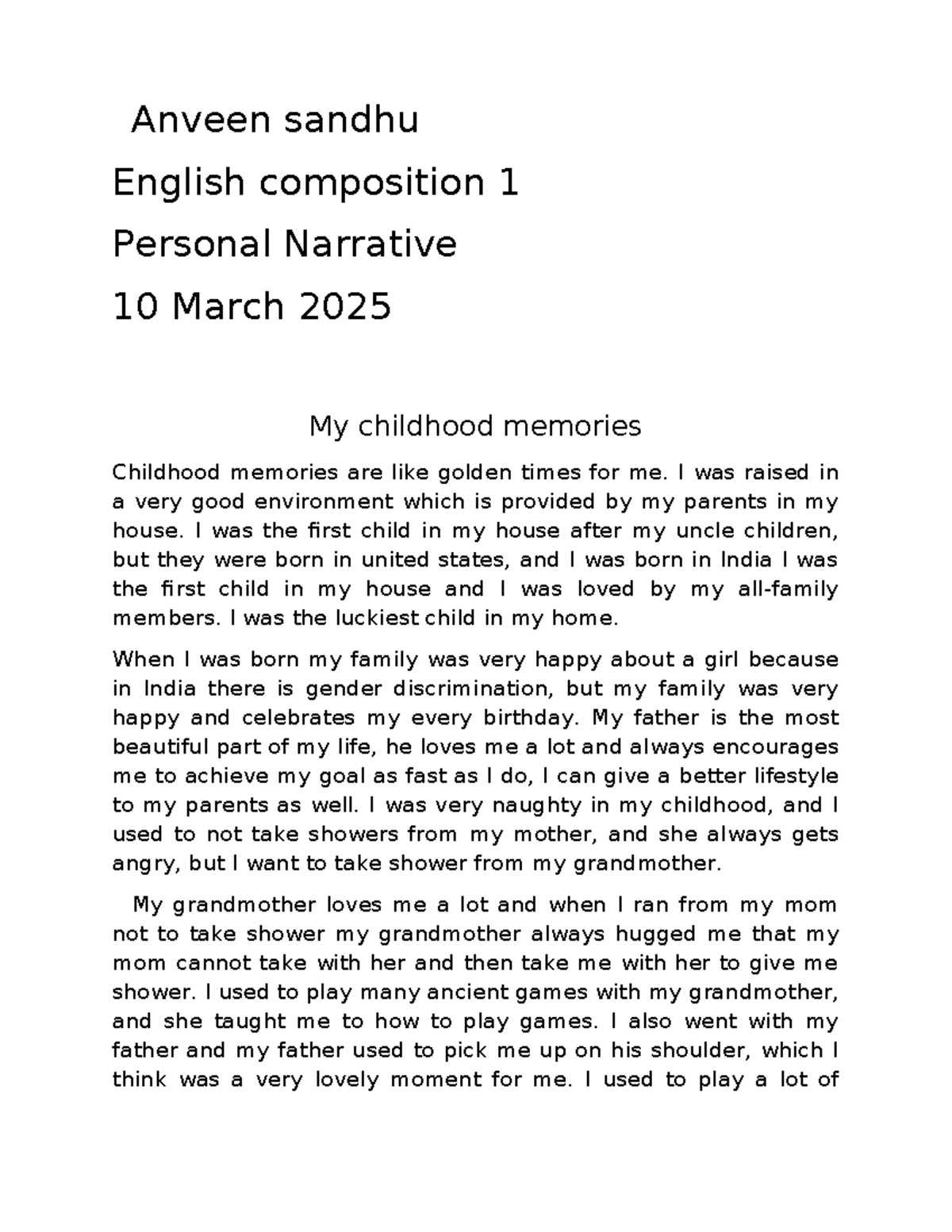 English Composition 1: Personal Narrative Essay on Childhood Memories ...