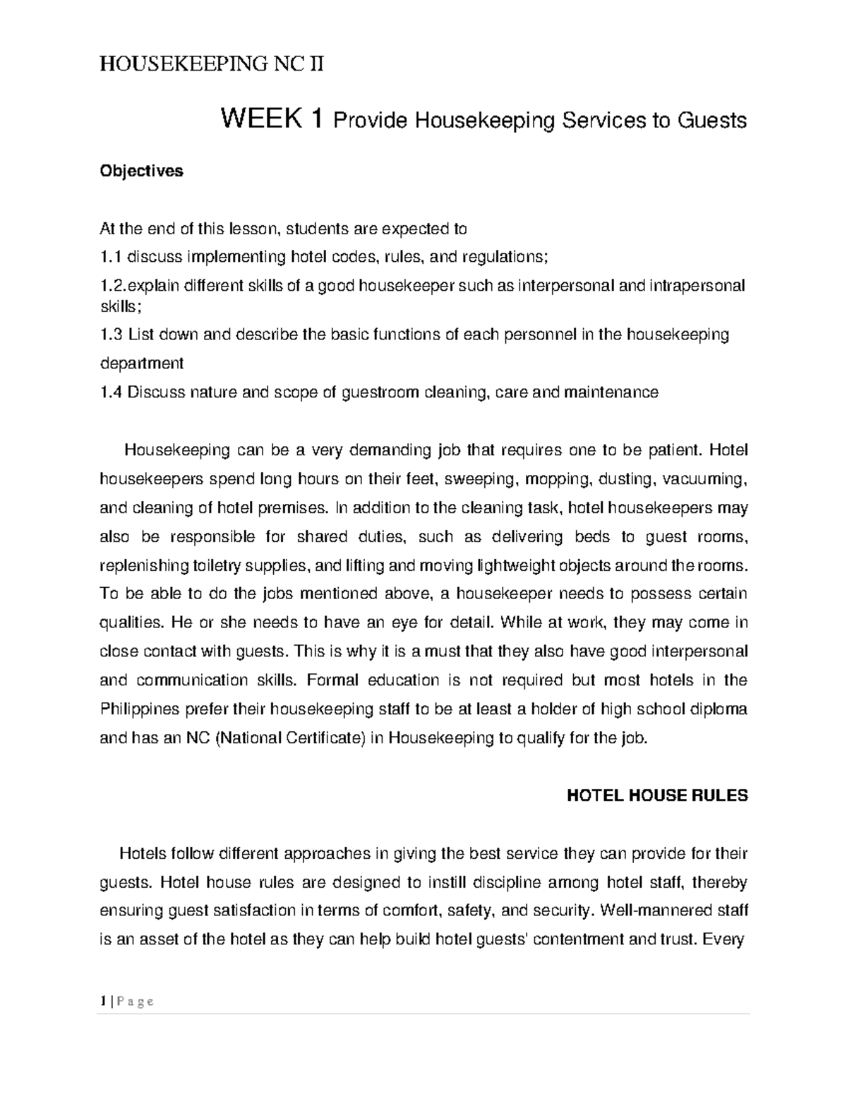 Housekeeping Services Week 1: Hotel Rules and Responsibilities - Studocu