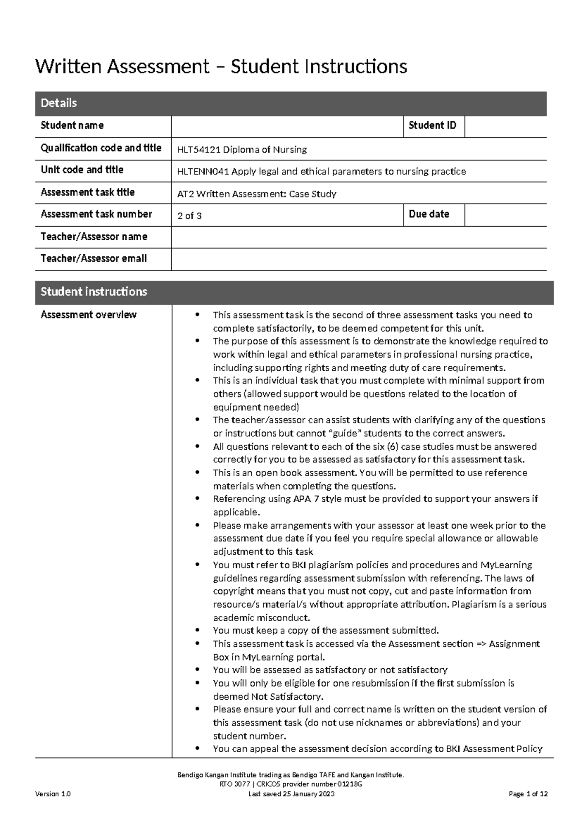 HLTENN041 AT2 Written Assessment: Case Study Analysis and Instructions ...