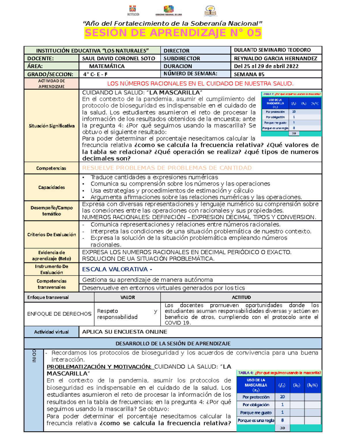 Sesion DE Aprendizaje N°05-MATE- Cuarto- Coronel - “Año del Fortalecimiento de la Soberanía ...