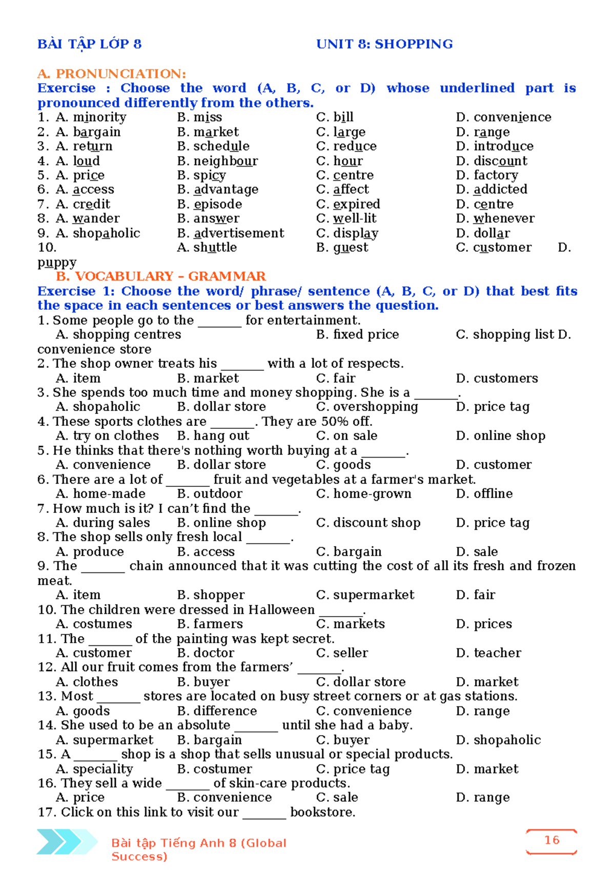 BÀI TẬP TIẾNG ANH 8 - UNIT 8: SHOPPING AND VOCABULARY EXERCISES - Studocu