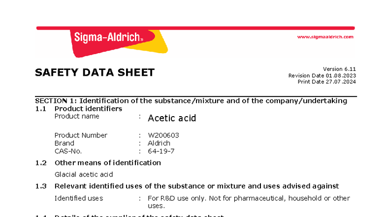 HAc SDS - Safety Data Sheet for Acetic Acid (W200603) - Studocu
