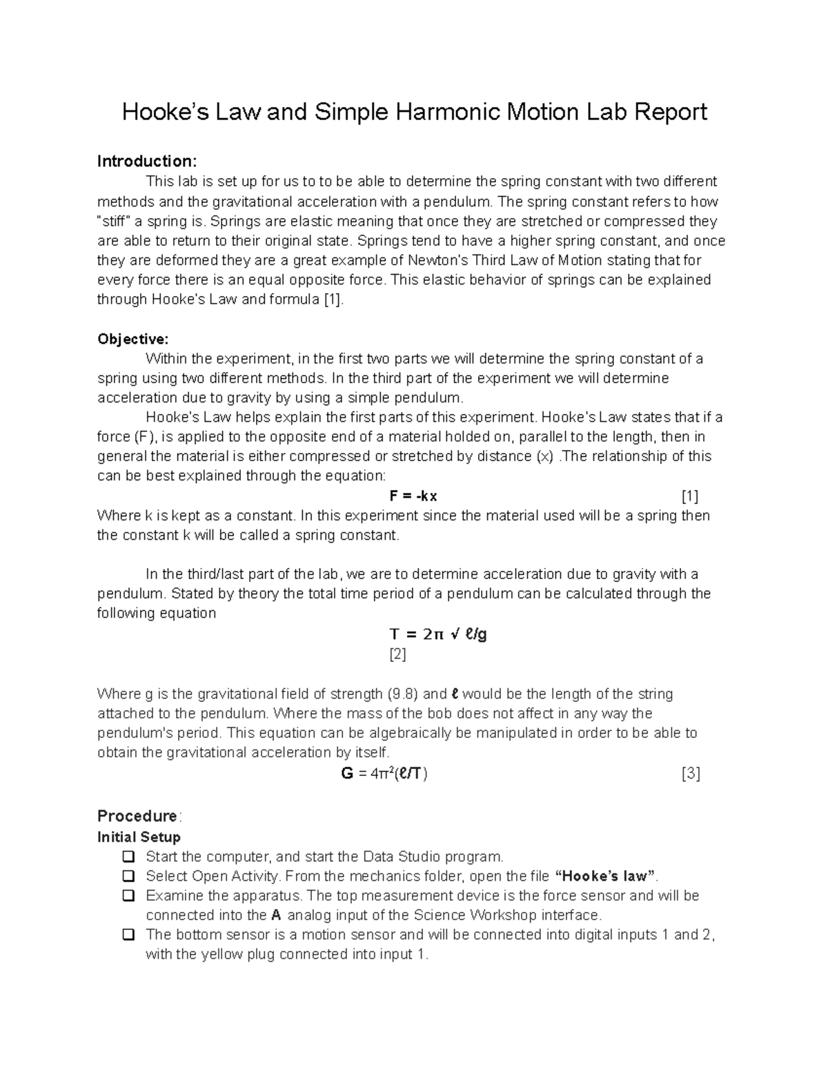 Physics Lab Report 2: Hooke’s Law & Simple Harmonic Motion Analysis ...