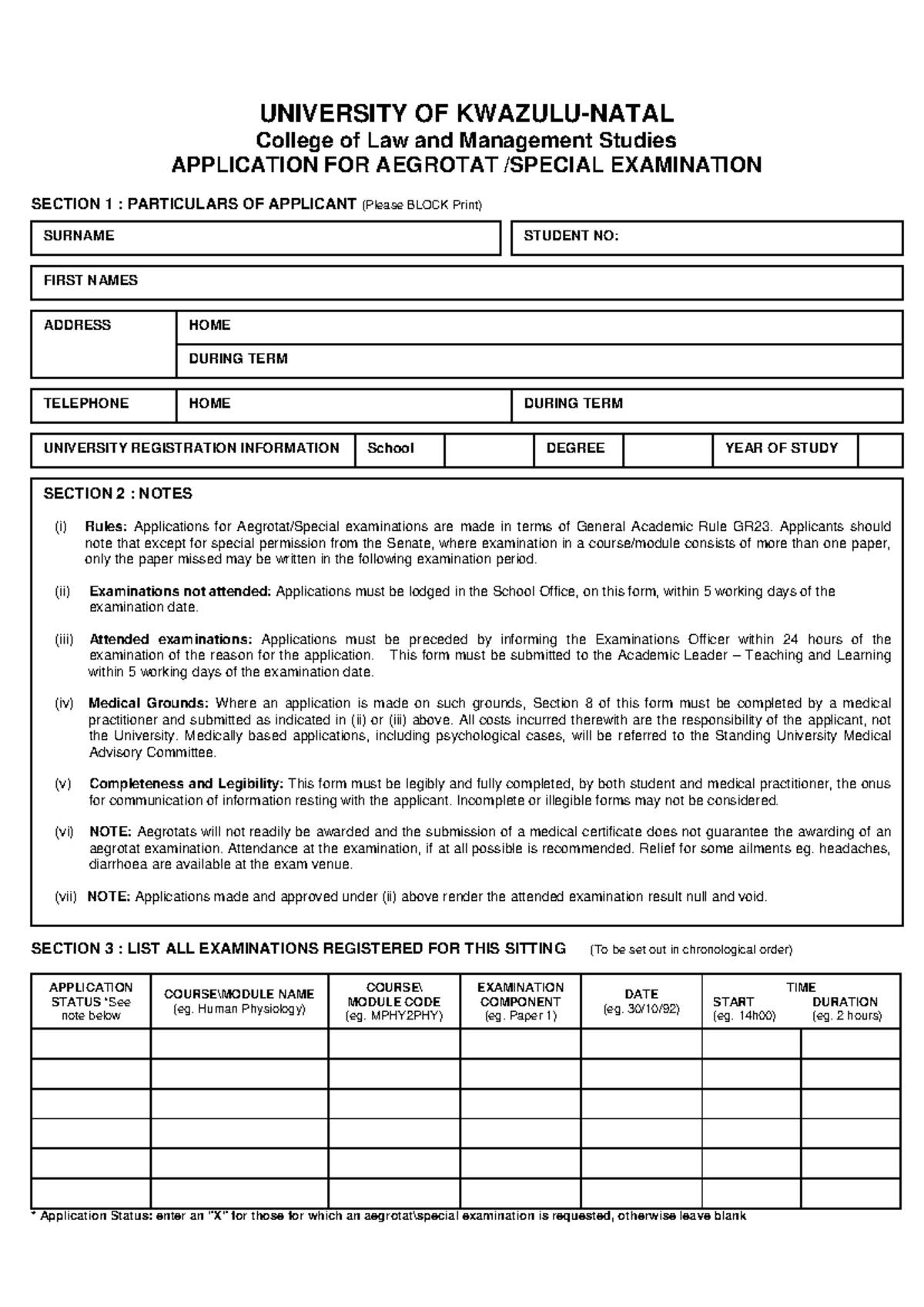 UKZN Aegrotat/Special Exam Application Form Guide - Studocu