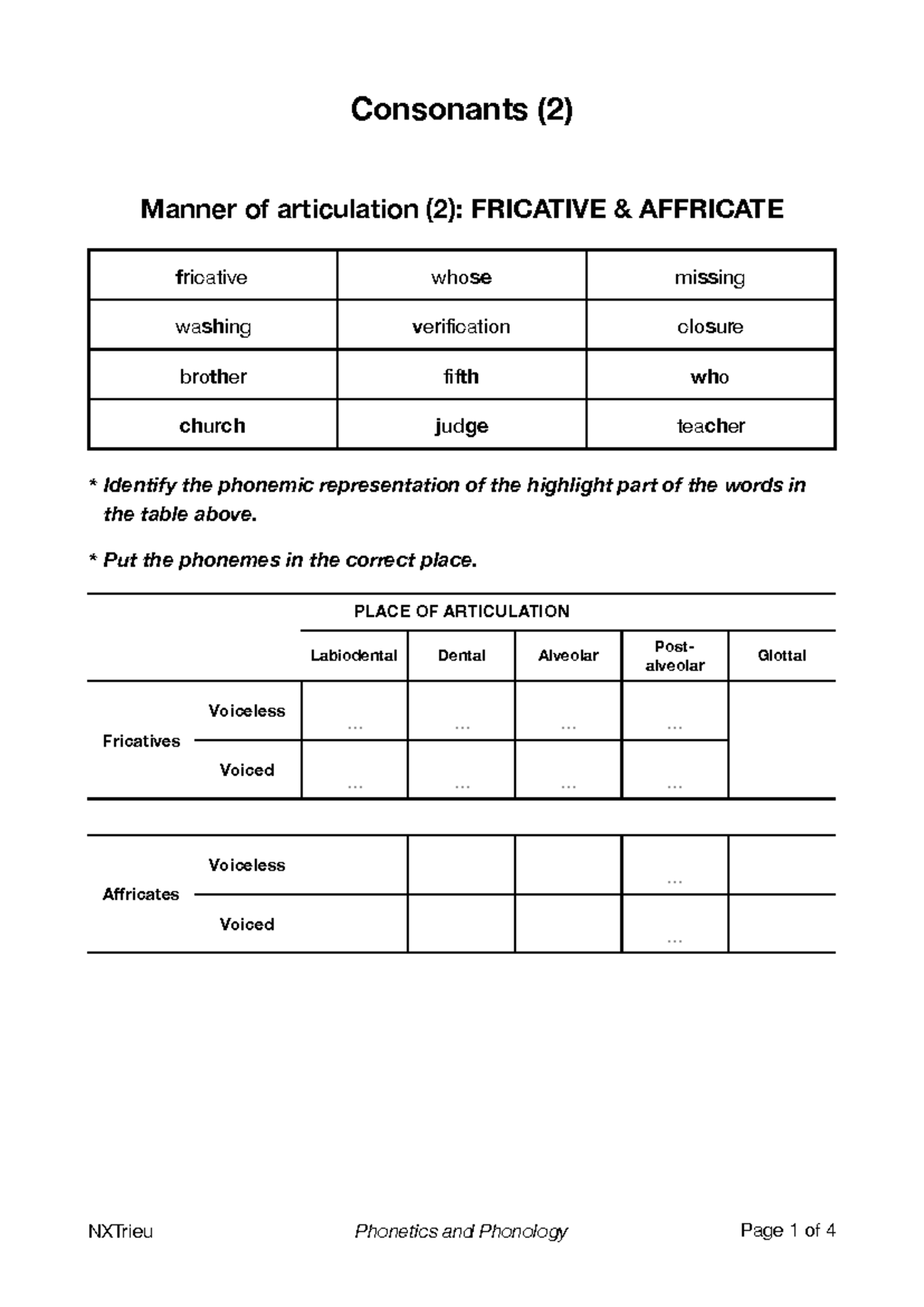 3. Consonants (2): Manner of Articulation - Fricatives & Affricates ...