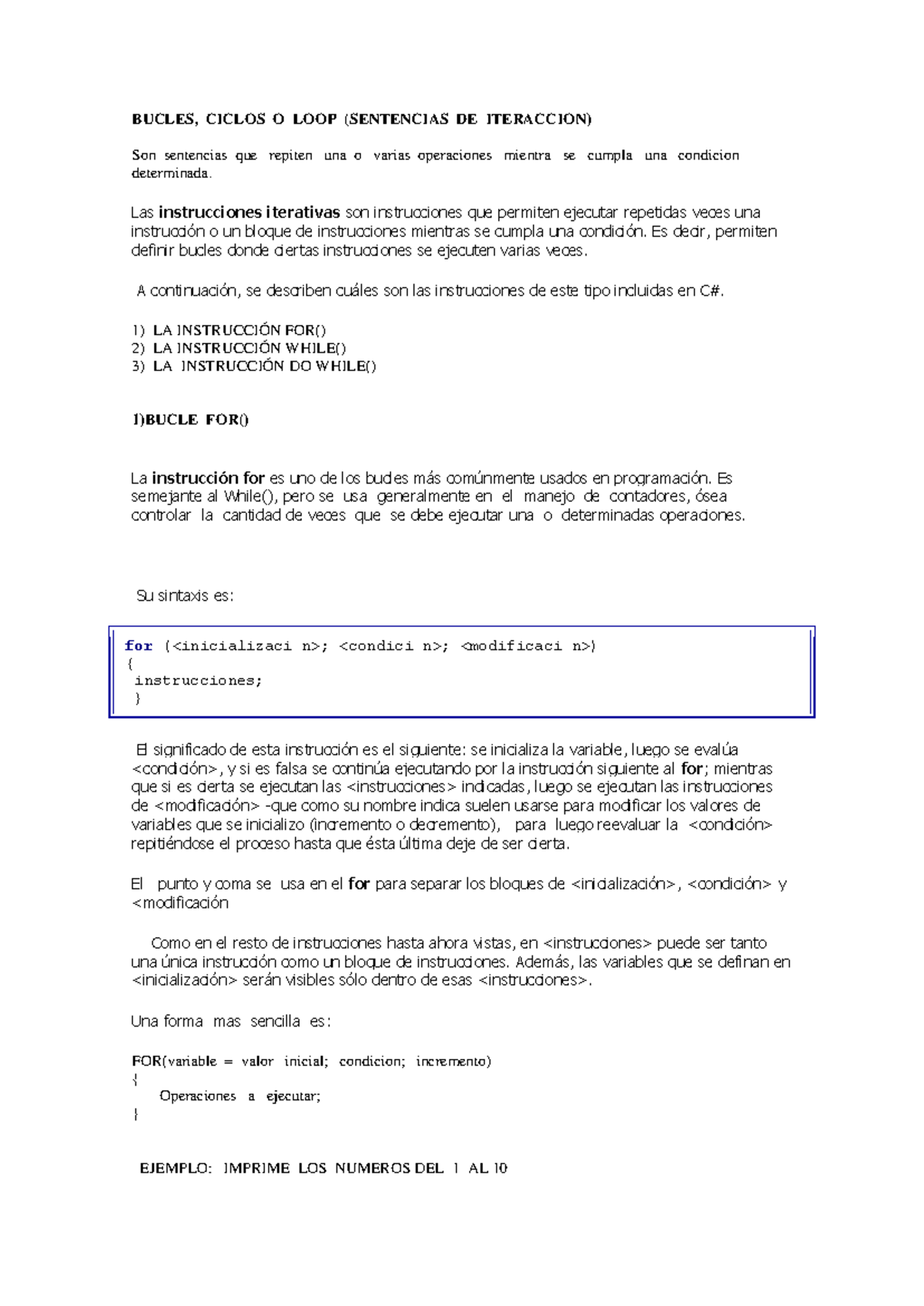 BUCLES Y CICLOS EN C#: EJERCICIOS DE FOR() - Studocu