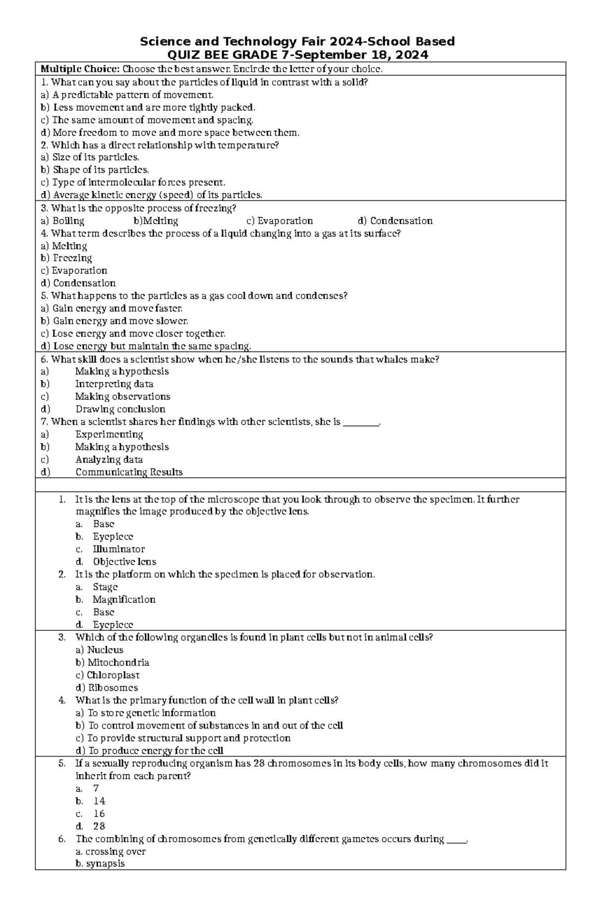 Quiz Bee GRADE 7 - Science - School Based - September 2024 - Studocu