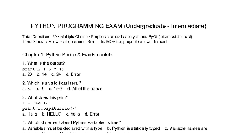 Python Intermediate Exam PYQT 043101: 50 MCQs on Basics & GUI - Studocu