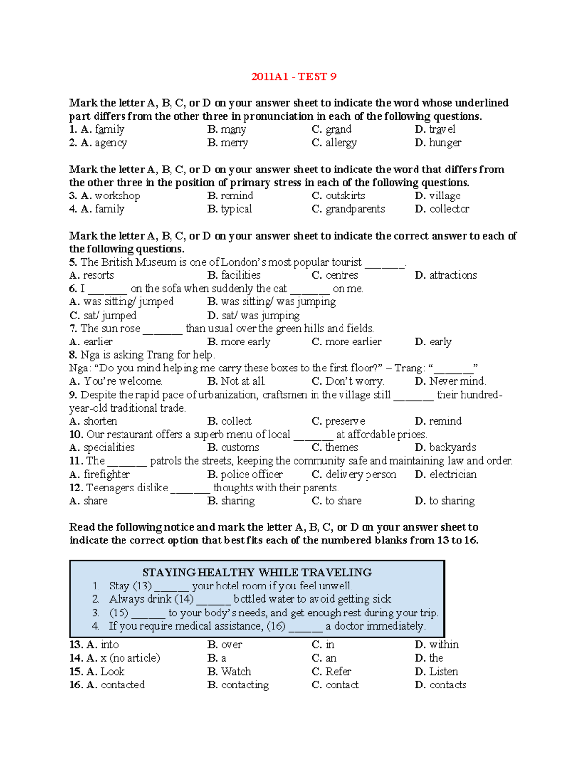 2011 A1 TEST 9 - English Final Exam Practice Questions - Studocu