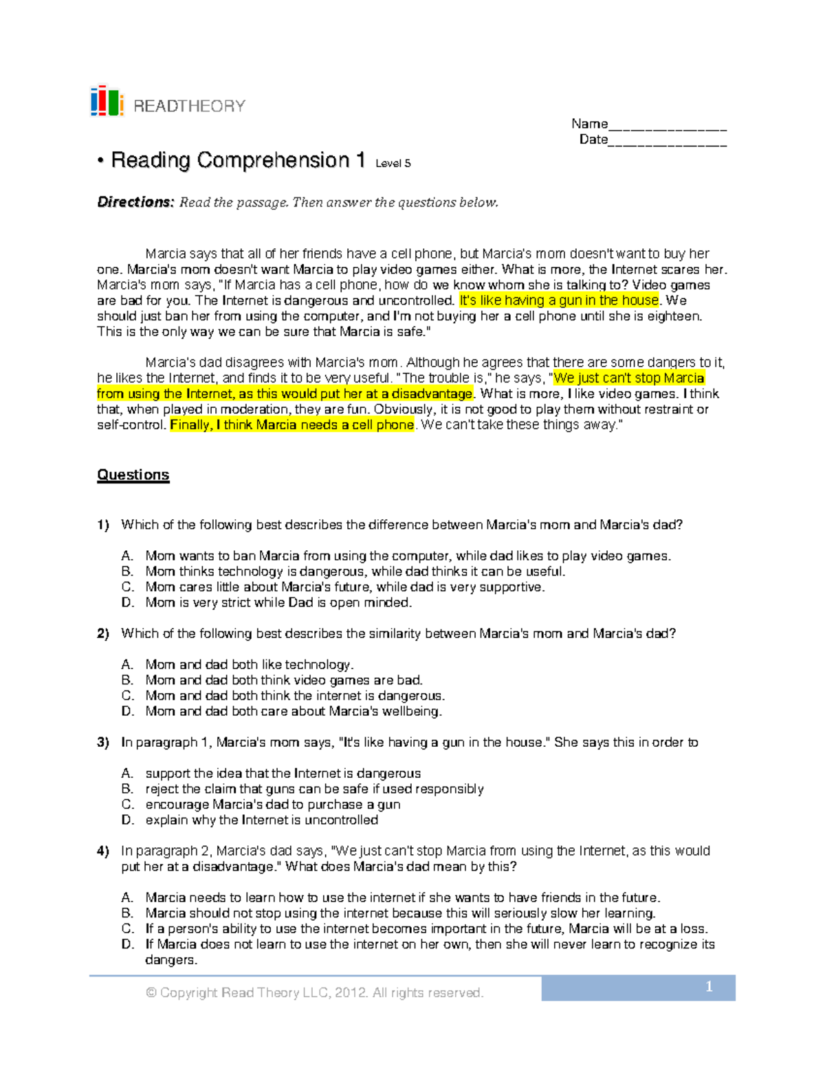 READTHEORY Level 5 Reading Comprehension Passage 1 Analysis - Studocu