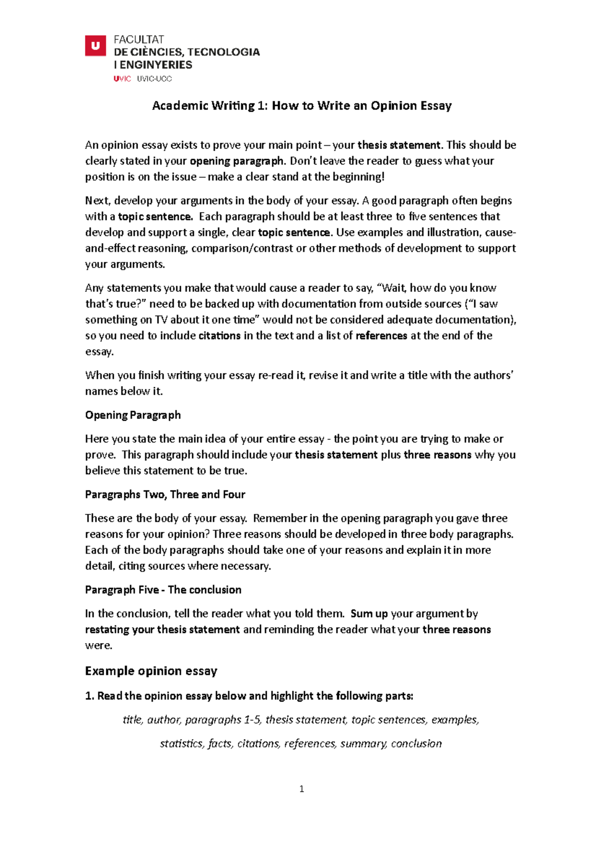 Writing 1: Guidelines for Crafting an Opinion Essay (2022) - Studocu