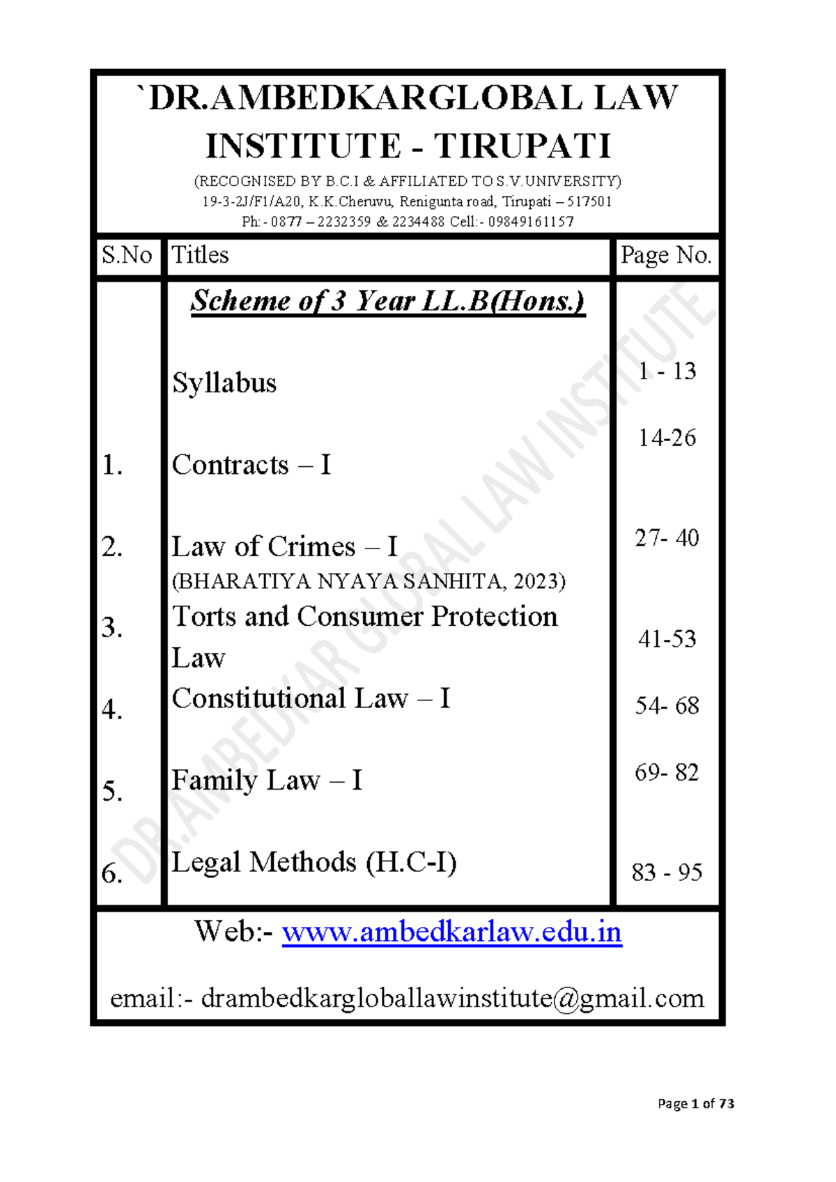 Syllabus for 1st Semester of 3 Year LL.B (Hons) - LAW INSTITUTE ...